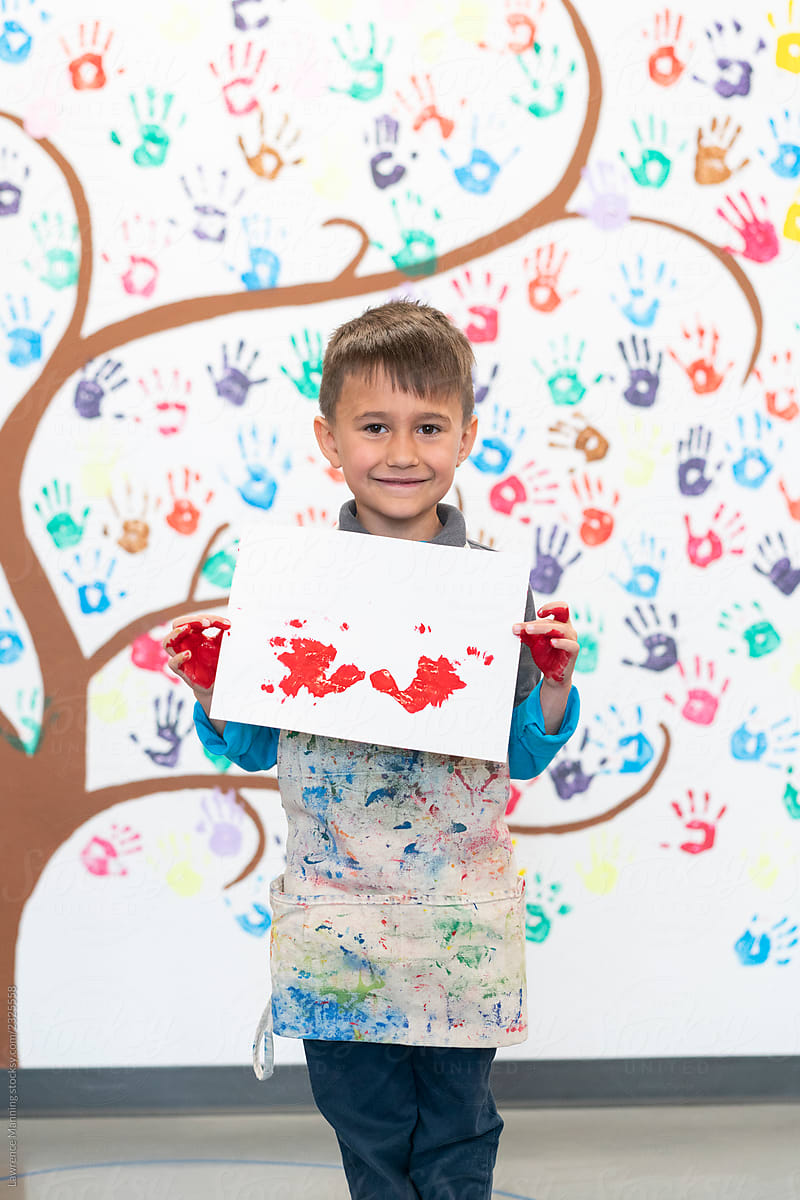 Elementary School Students Making Paint Handprints - Stock Image ...