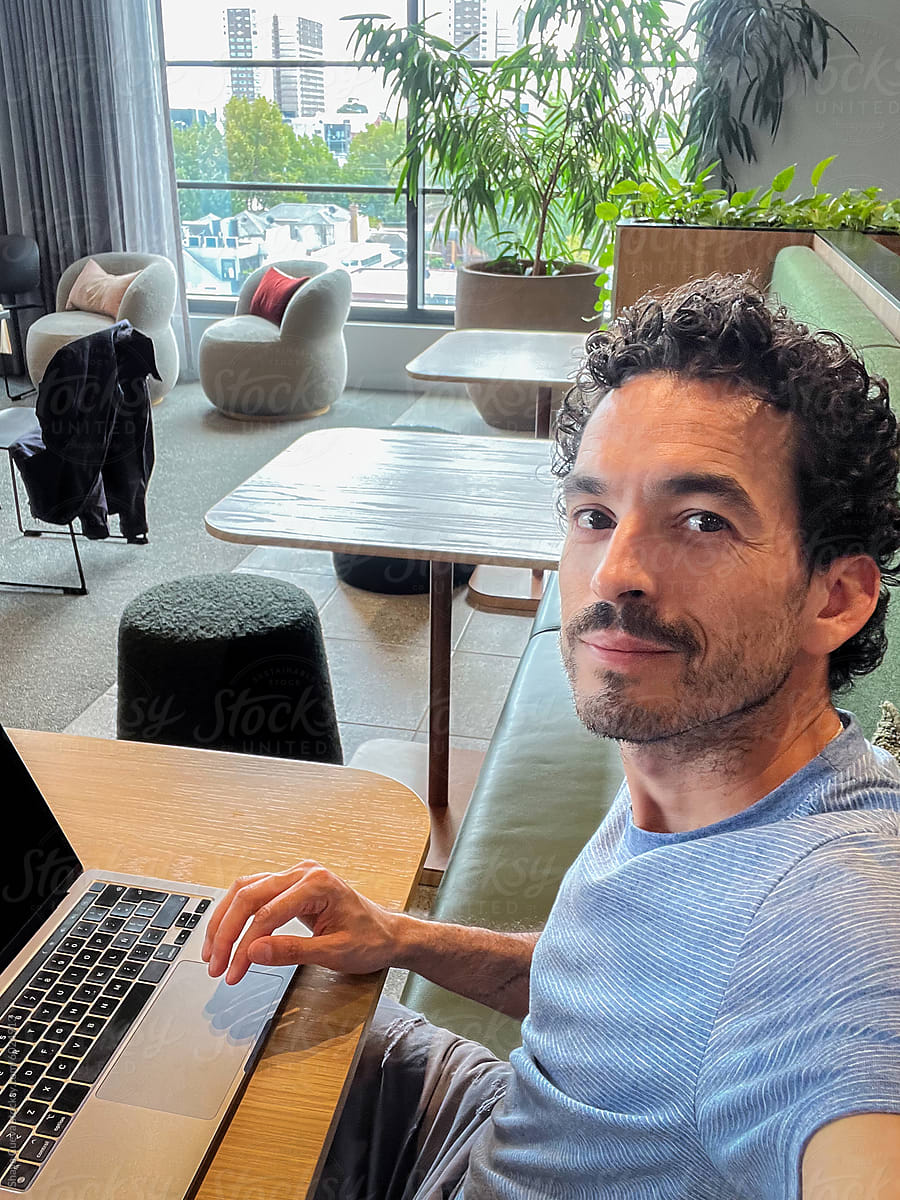 "Selfie Of A Man Sitting In Front Of His Laptop In A Co-working Space ...