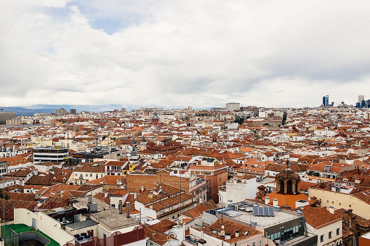 "Beautiful Madrid City Scene With Beautiful Cloudy Sky, View From Roof ...