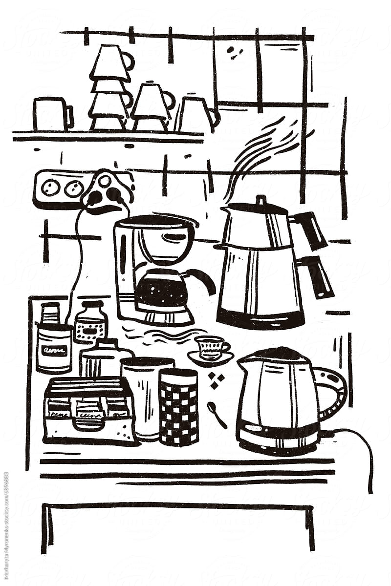 "Linear Kitchen Sketch With Cups, Coffeepot And Utensils" by Stocksy ...