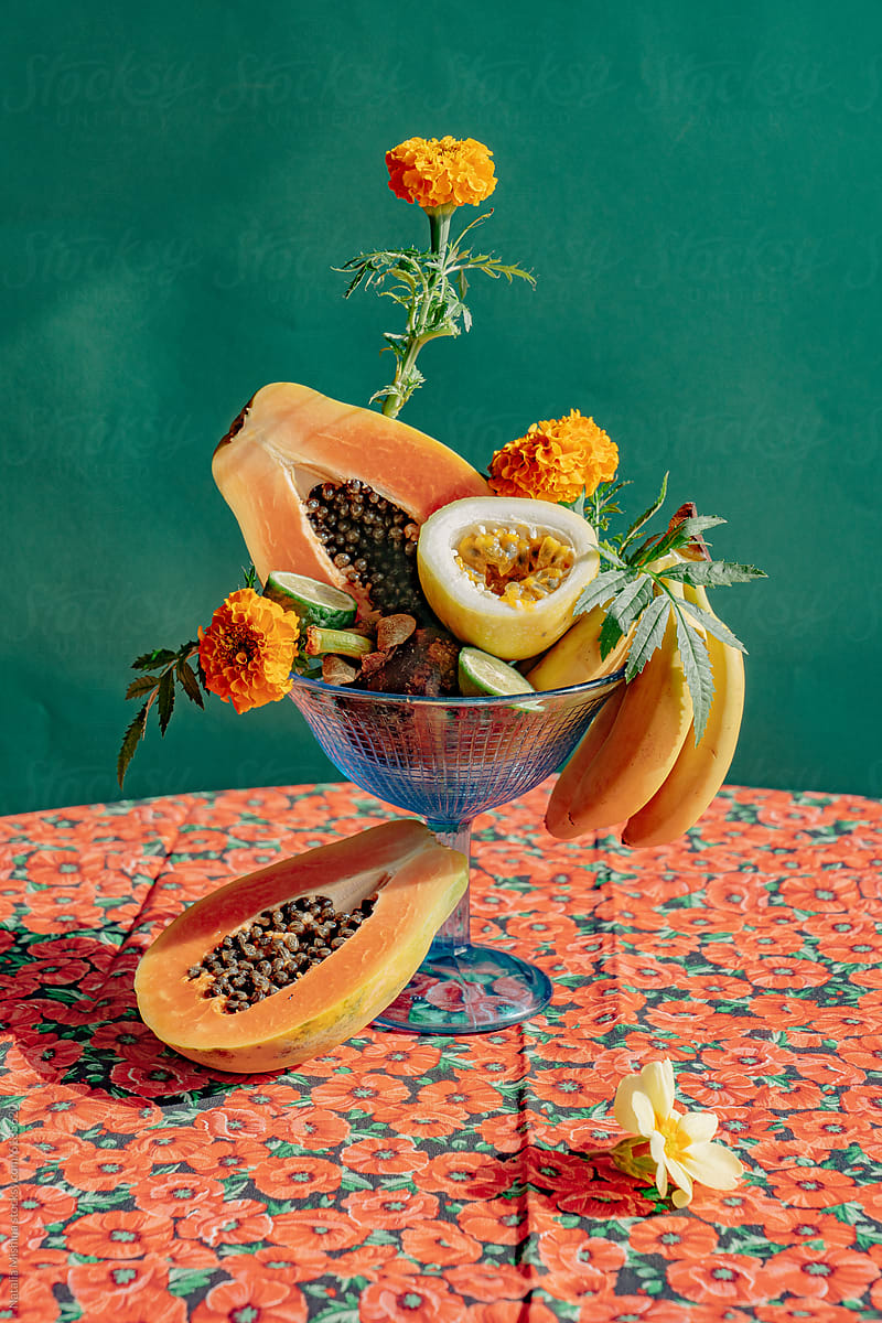 "Still Life With Marigold Flowers And Exotic Fruits." by Stocksy ...
