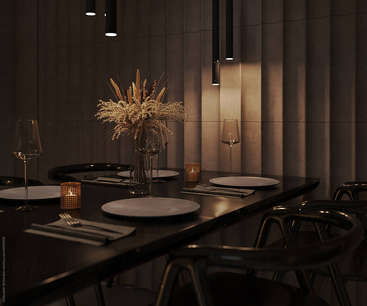 "Restaurant Interior In Low Light, Table Close-up, 3d Render" by ...