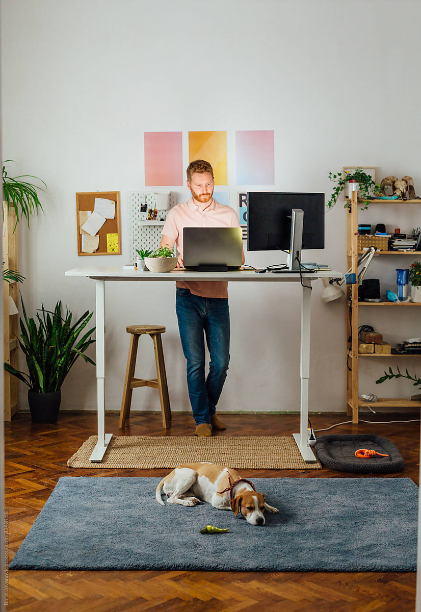 "Man Stands At A Desk, Working On His Laptop" by Stocksy Contributor ...