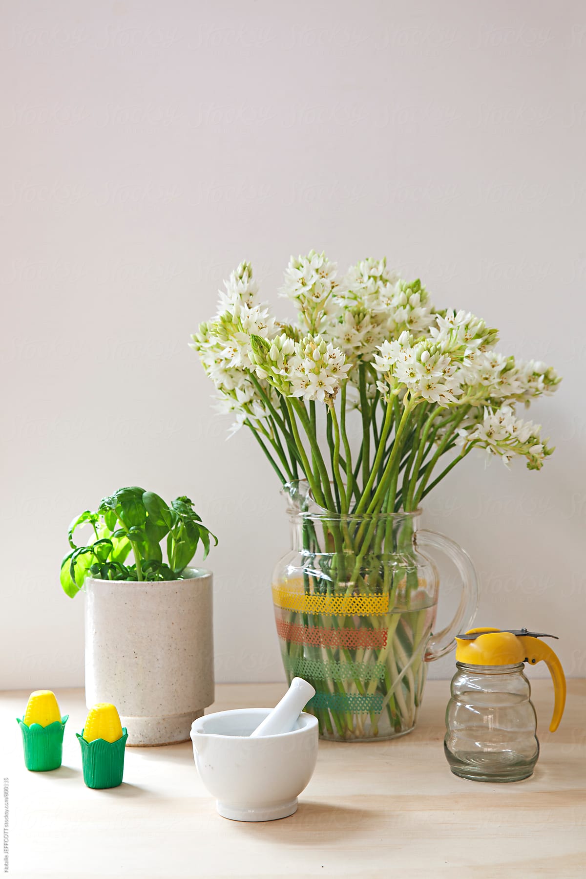 "Tableau Or Kitchen Vignette With Flowers And Basil And Utensils" by ...