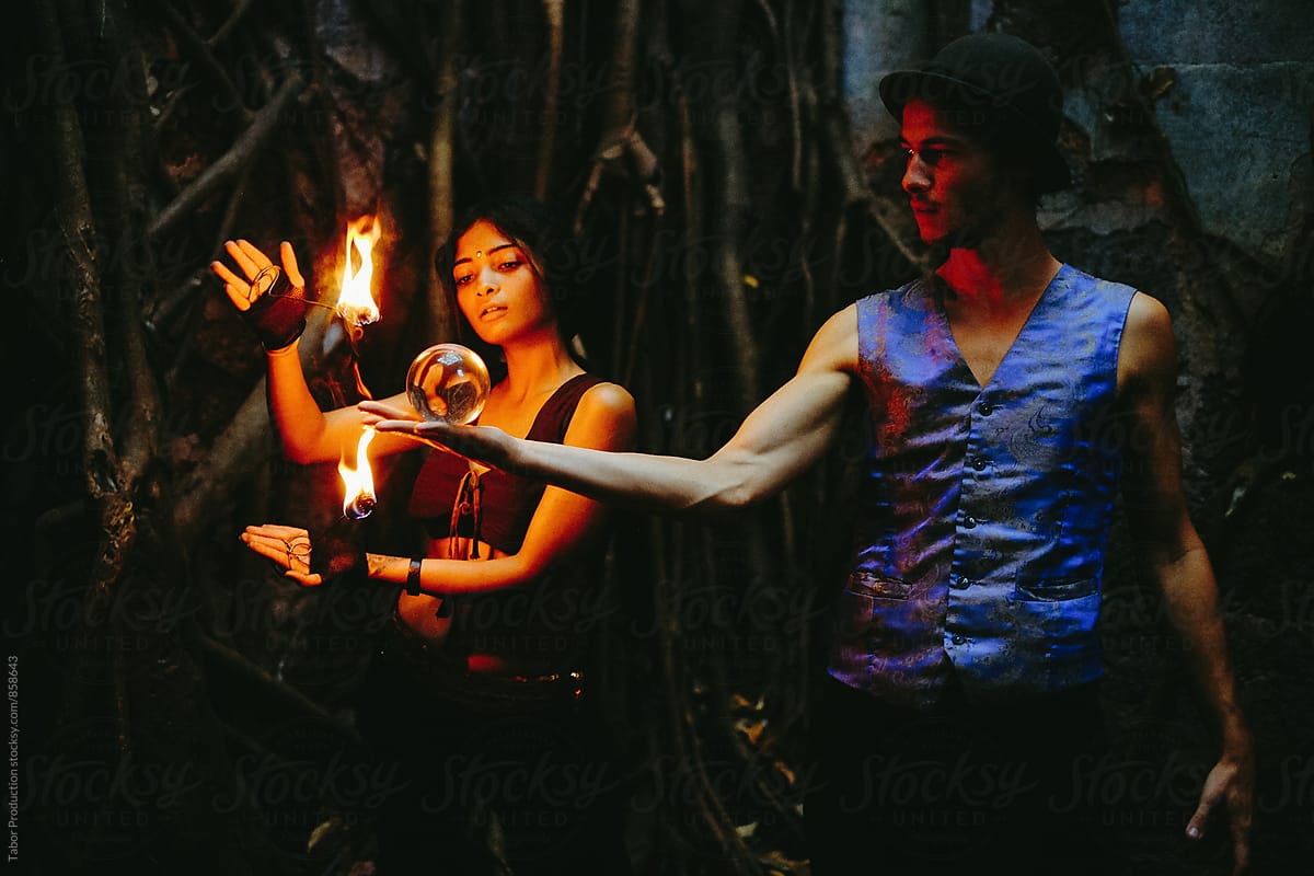 Fire performers in ruins - Stock Image - Everypixel