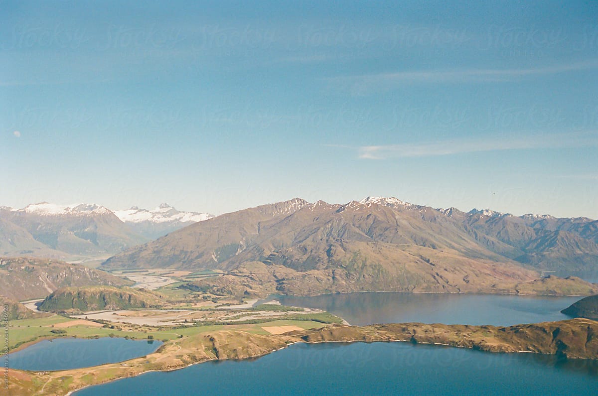 "Sky View Of Mountain Range And Lake Wanaka In New Zealand" by Stocksy ...