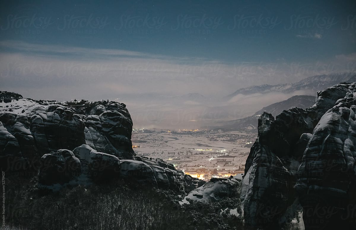 "Agia Trias Monastery At Night In Snowcovered Winter Landscape In ...