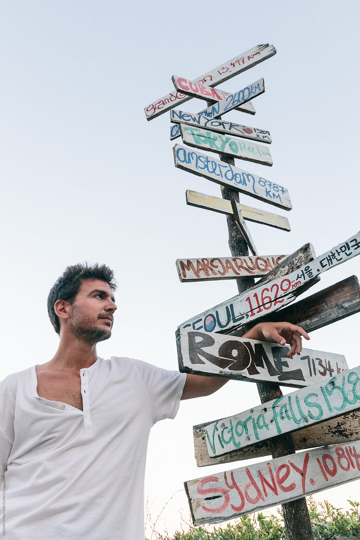 "Young Man Next To A Signpost With Directions And Distance To Various ...