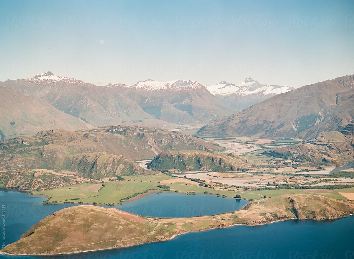 "Sky View Of Mountain Range And Lake Wanaka In New Zealand" by Stocksy ...