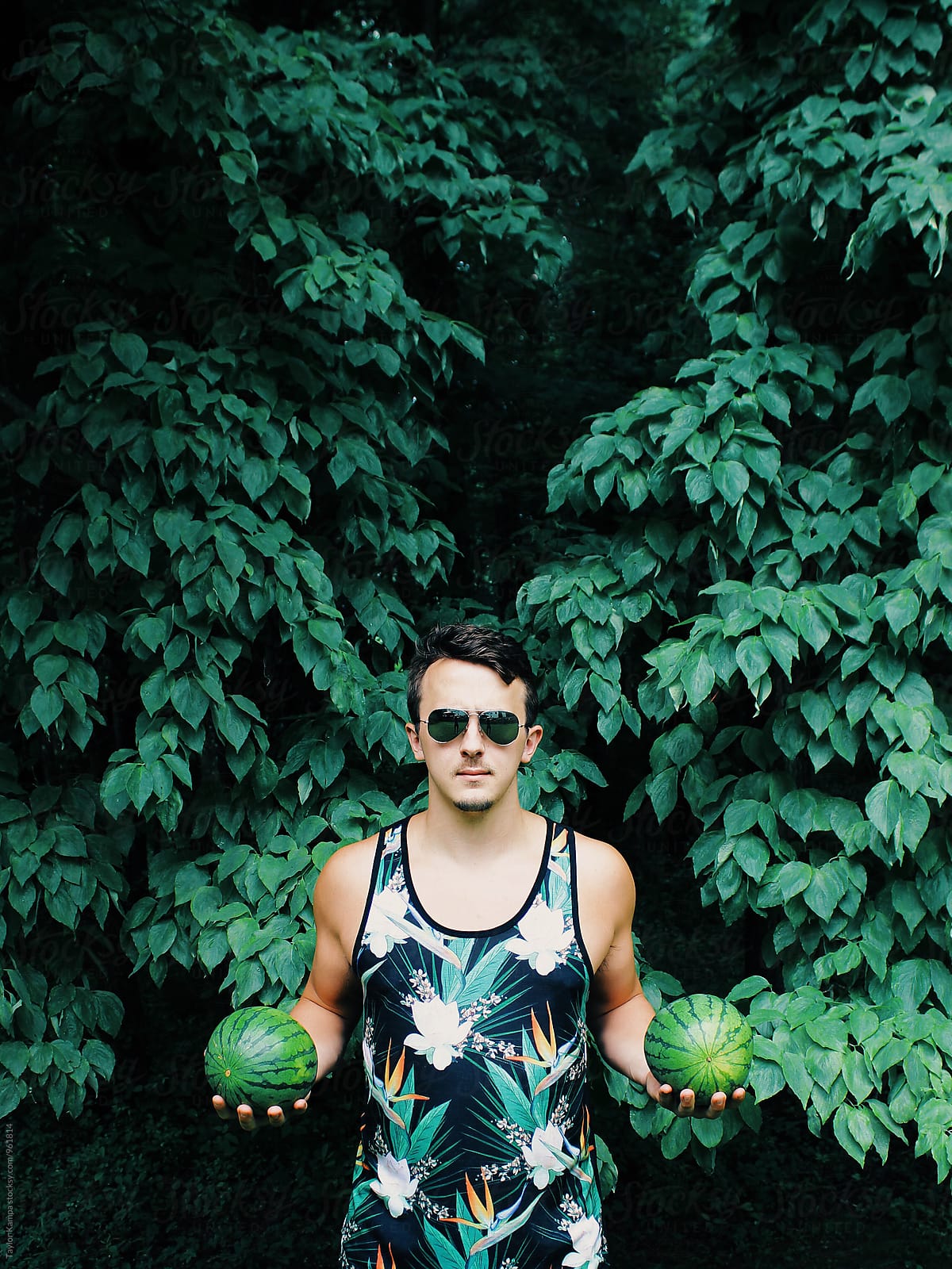 "Man Holding Watermelons" by Stocksy Contributor "Taylor Kampa" - Stocksy