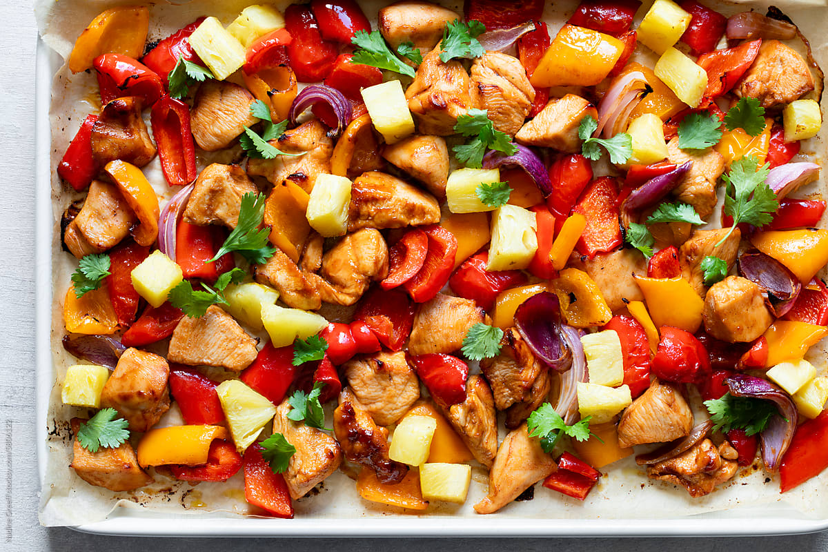 "Pineapple Chicken Sheet Pan Chicken Dinner With Vegetables" by Stocksy ...