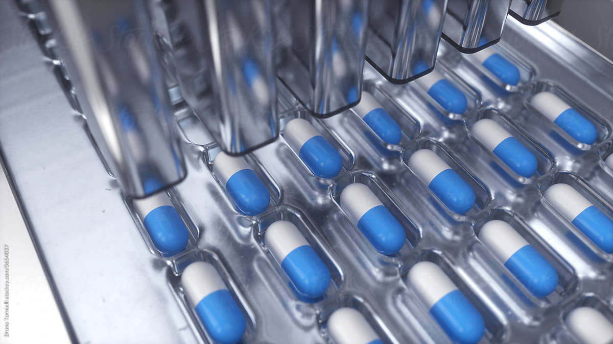 "Blue Capsule Medicine Pill Production Line, Industrial Pharmaceutical ...