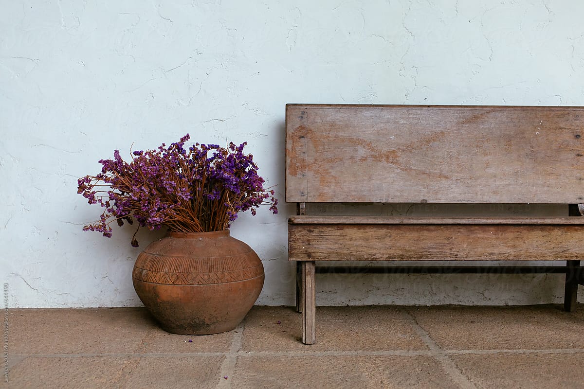 "Clay Jar With Flowers Beside A Brown Wooden Bench" by Stocksy ...