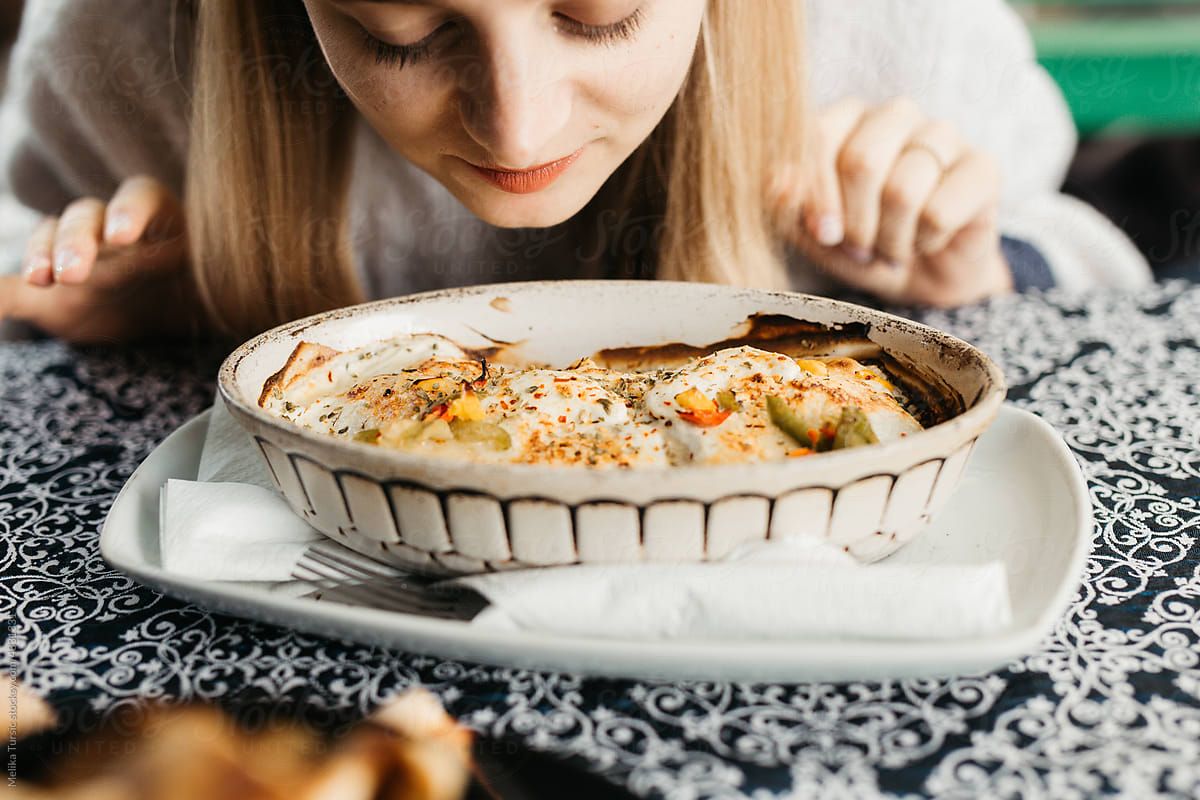 Girl Smelling Food Attractive Girl Smelling Peppermint Near Vegetables