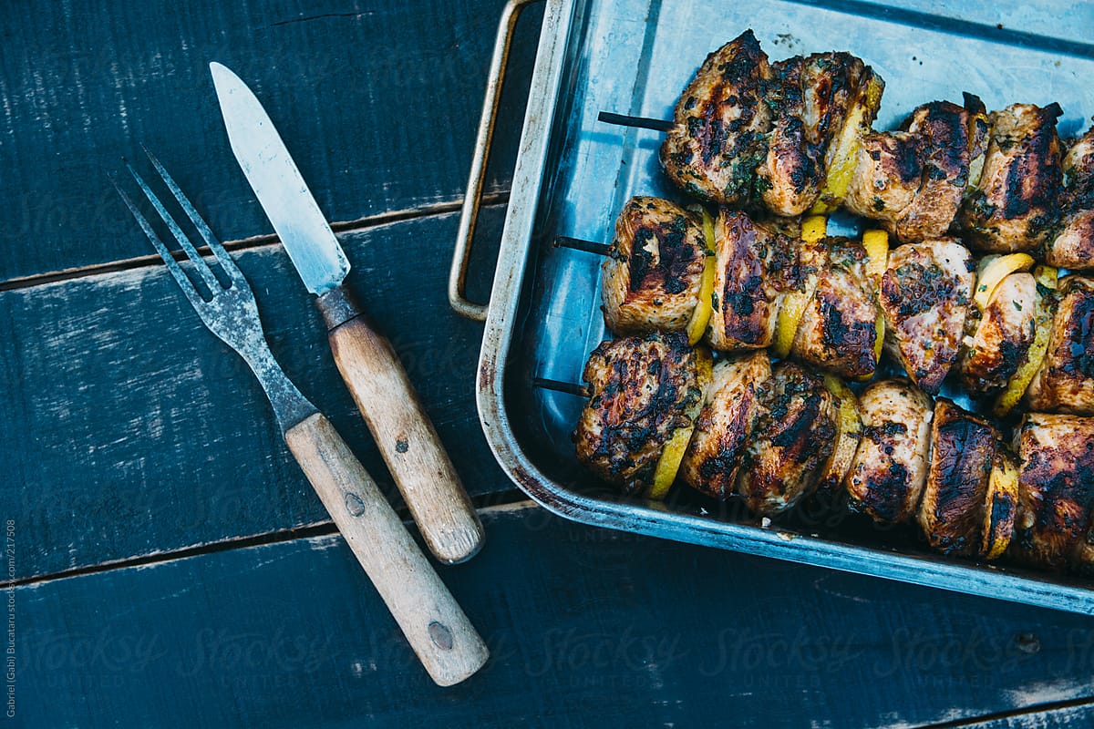 "Grilled Meat Shish Kebabs In A Tray" by Stocksy Contributor "Gabi ...