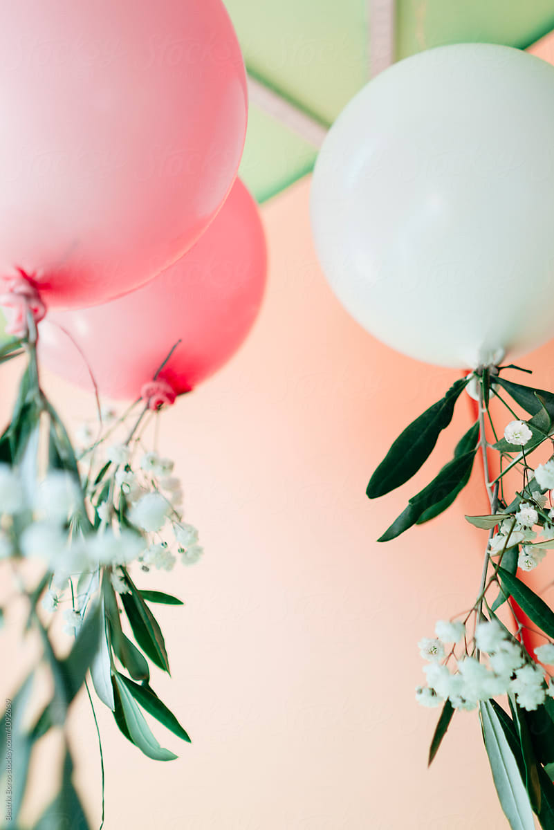 "Balloons Decorated With Flowers And Leafs By The Ceiling Of A Room" by ...