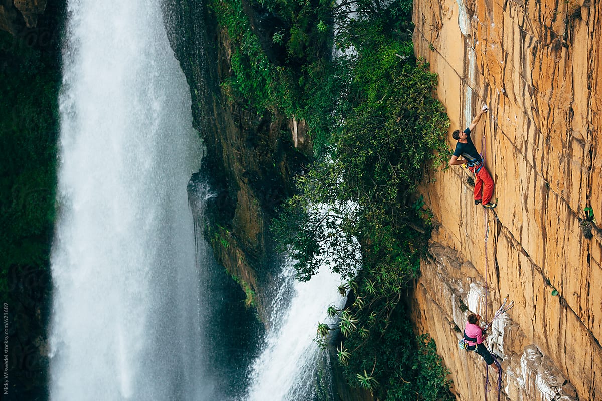 "Rock Climbers Climbing Next To A Waterfall" by Stocksy Contributor ...