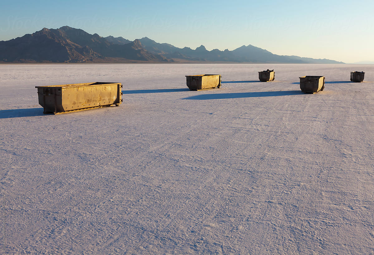 "Large Trash And Recycling Containers On Playa At Dusk, Bonneville Salt ...