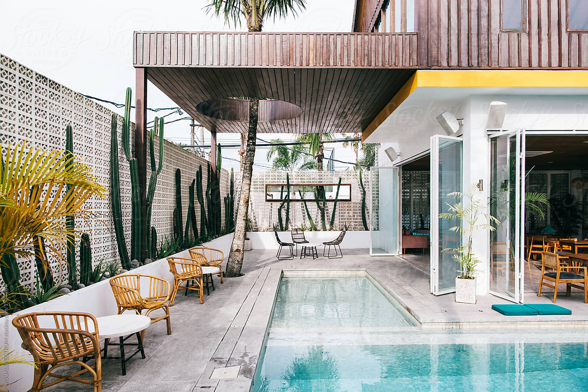 "Bamboo Furniture Near Swimming Pool In Stylish Tropical Beach Club" by ...