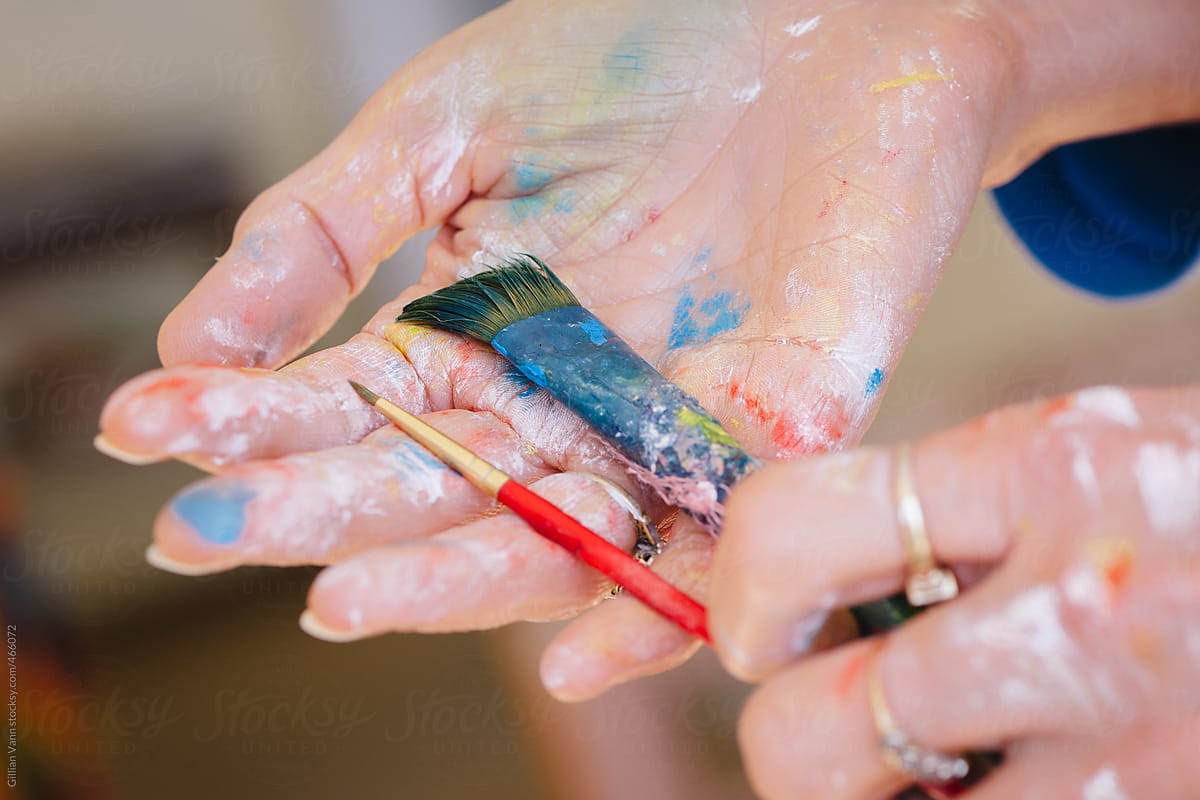 "Messy Painted Hands Of A Painting Artist, Holding Paintbrushes" by ...
