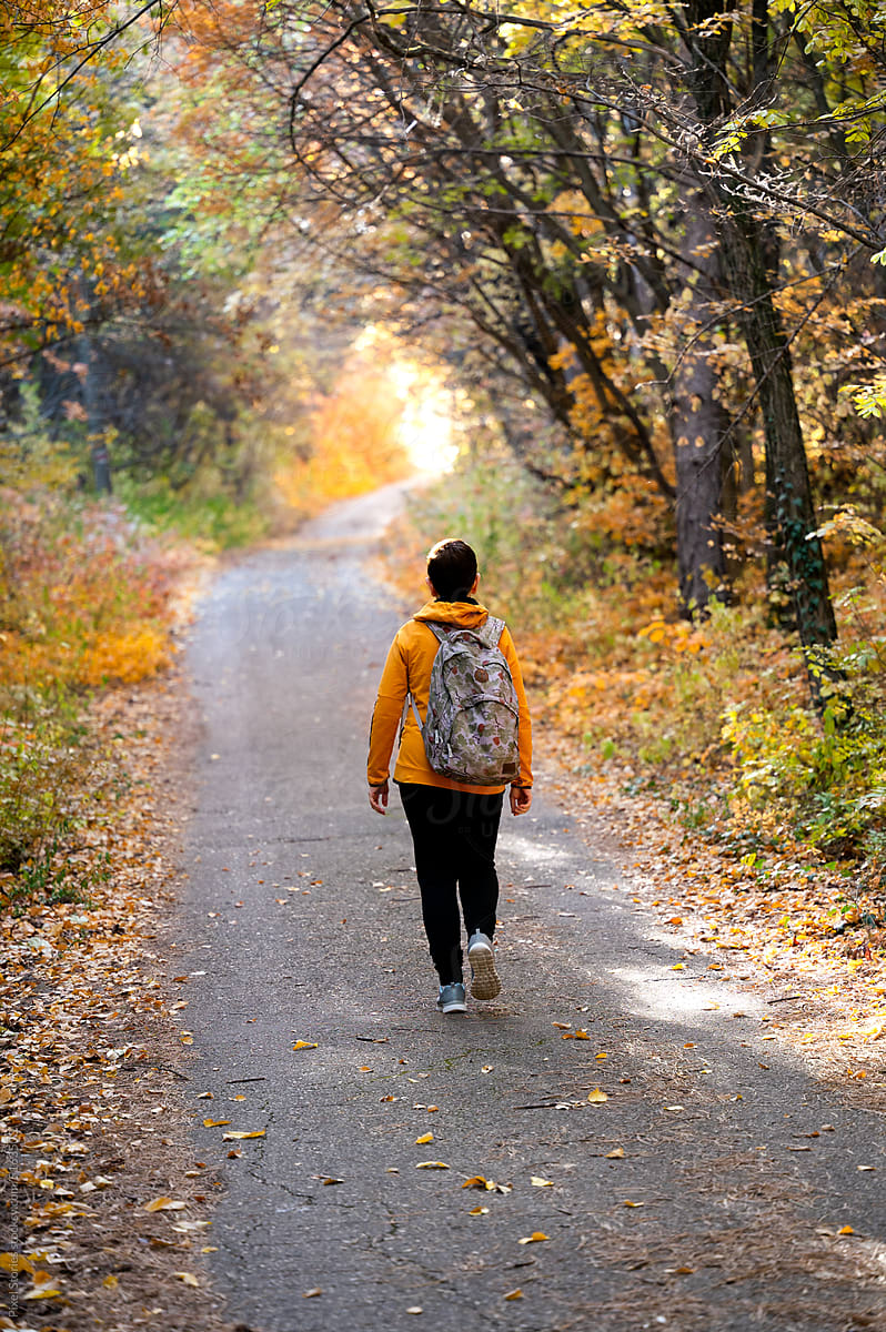 Middle-aged woman walking/hiking in forest - Stock Image - Everypixel