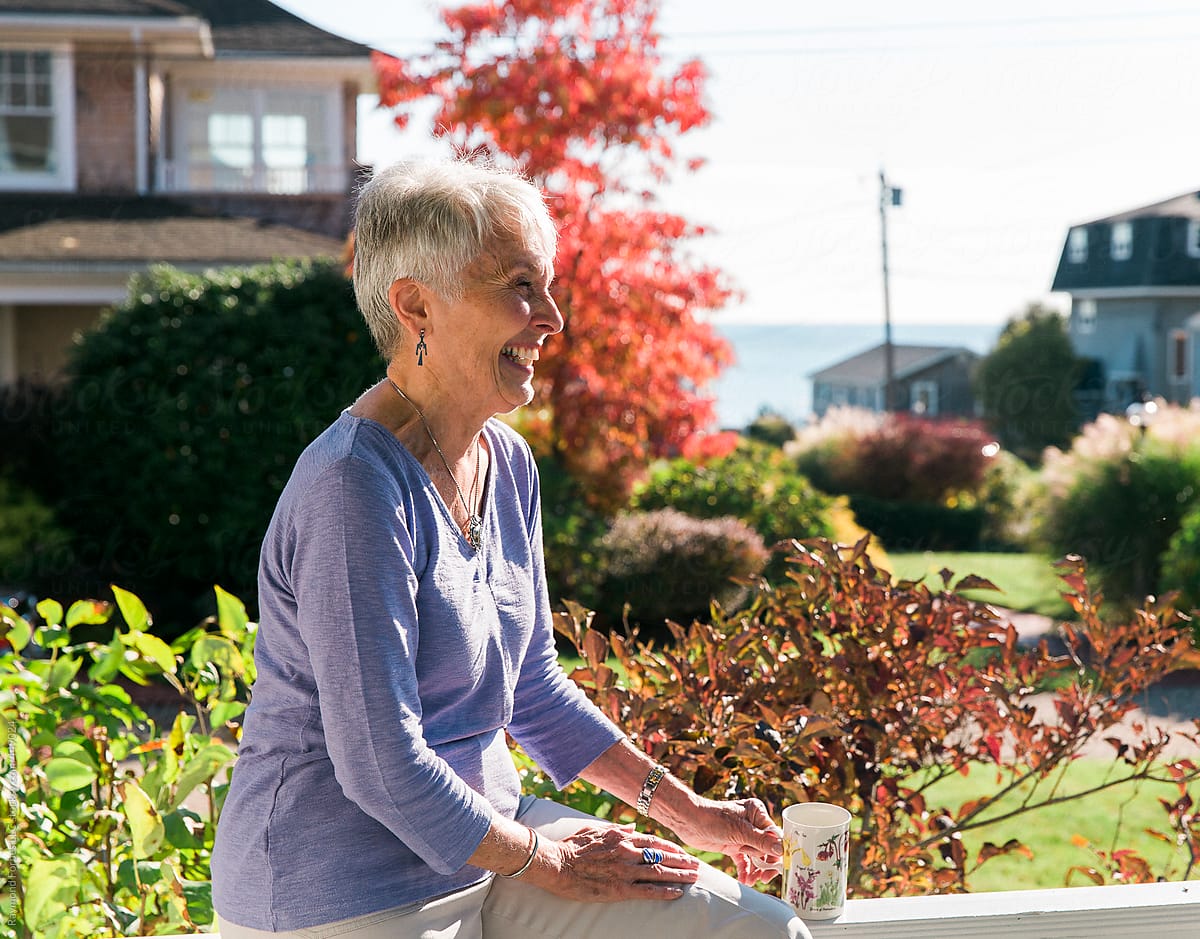 "Beautiful Senior Portrait Smile Outside Porch Home With Coffee Cup" by ...