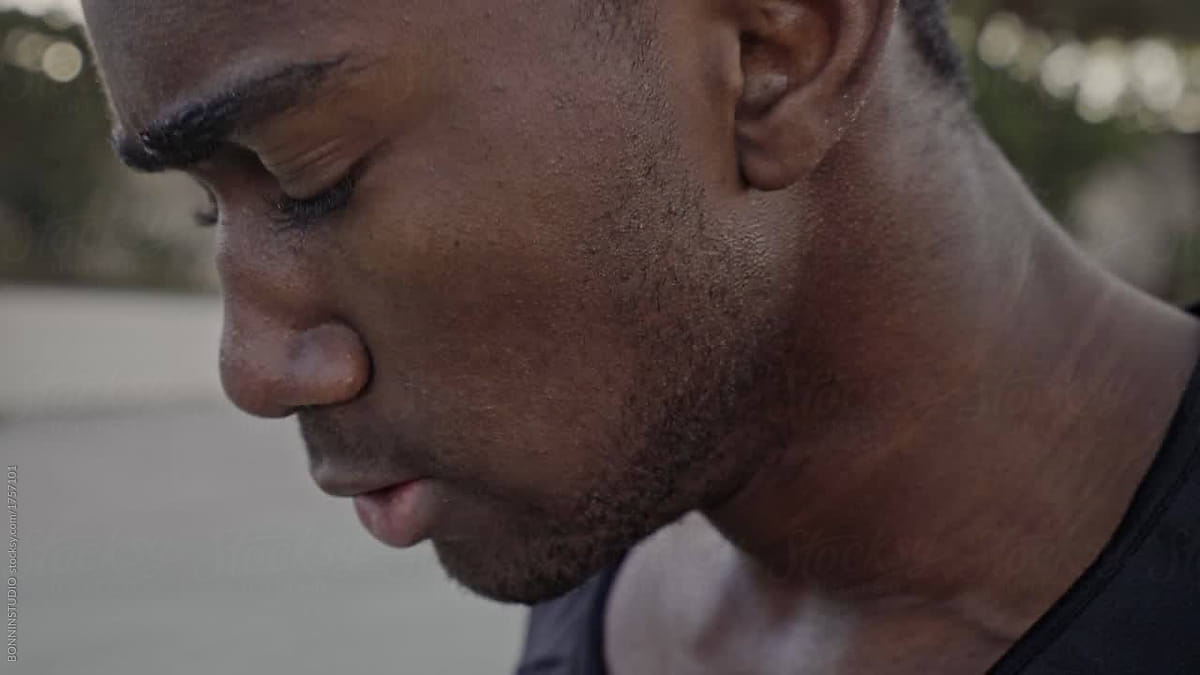 "Closeup Of African American Man Deep Breathing After Workout." by ...