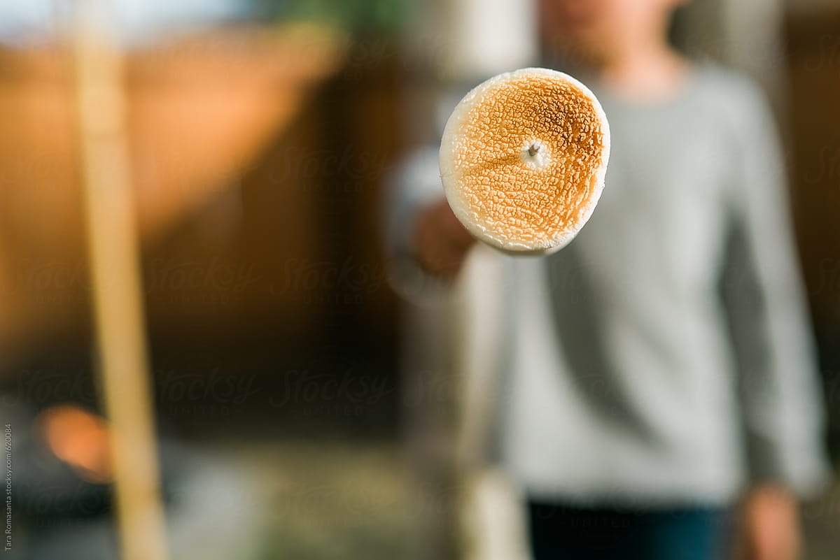 "Little Boy Holds Out A Golden Brown Roasted Marshmallow On A Stick" by ...