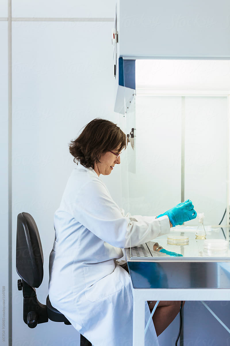 "Doctor In Robe And Gloves Taking Probe In Lab." by Stocksy Contributor ...