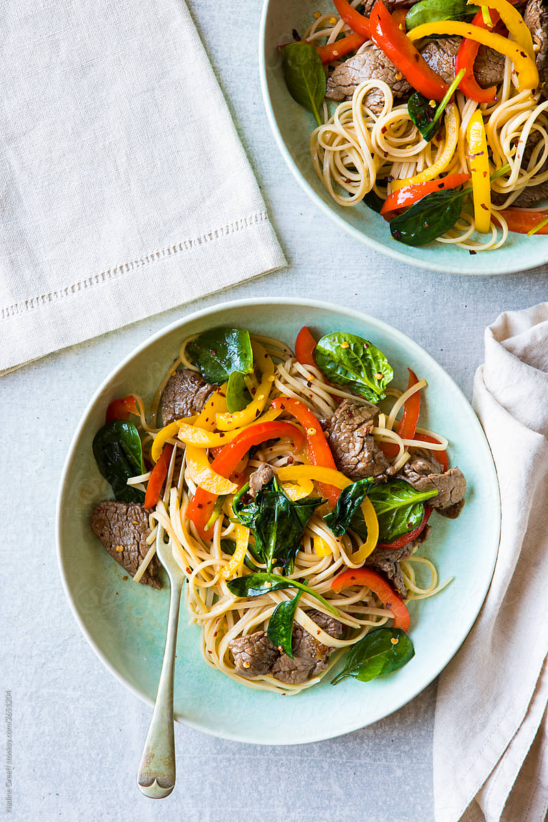 "Beef Steak With Noodles Stir Fry" by Stocksy Contributor "Nadine ...