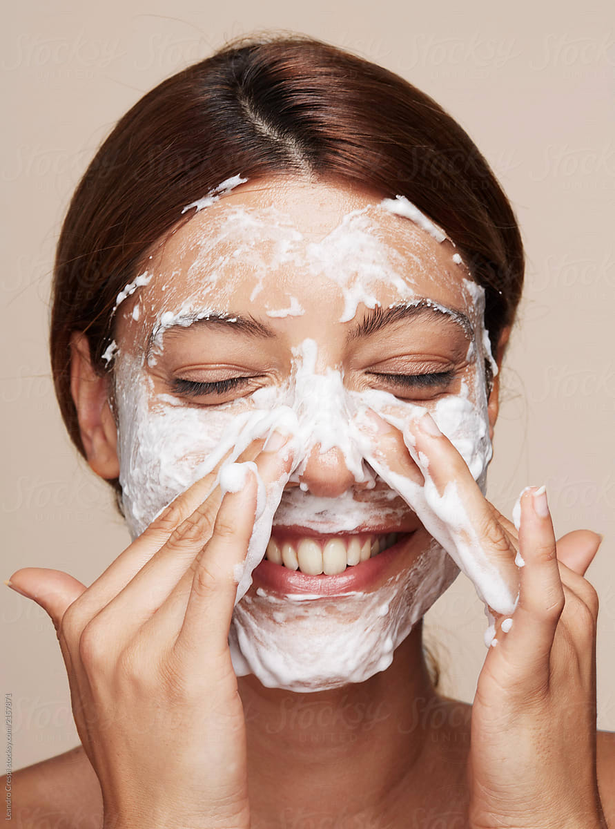 "Skincare Portrait Happy Woman Washing Face In Studio Closeup" by ...