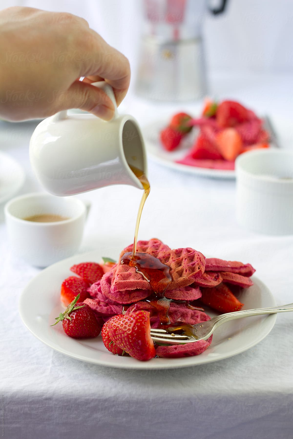 "Pouring Syrup Over Beetroot Waffles" by Stocksy Contributor "Noémi ...