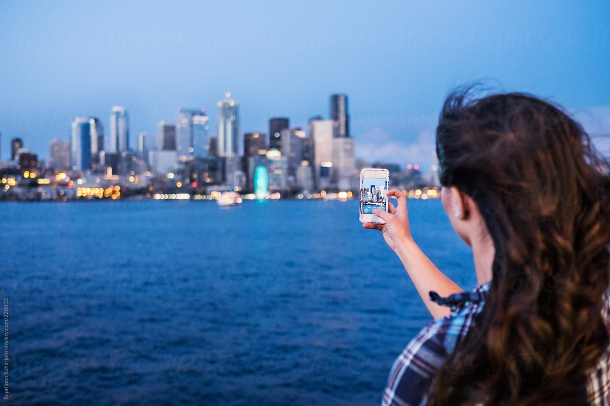 "Beautiful Young Woman Taking Picture Of The Downtown Seattle Scenery ...