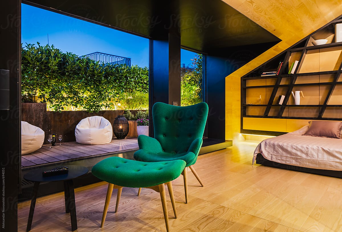 "Cozy Bedroom And Terrace By Night" by Stocksy Contributor "Aleksandar ...