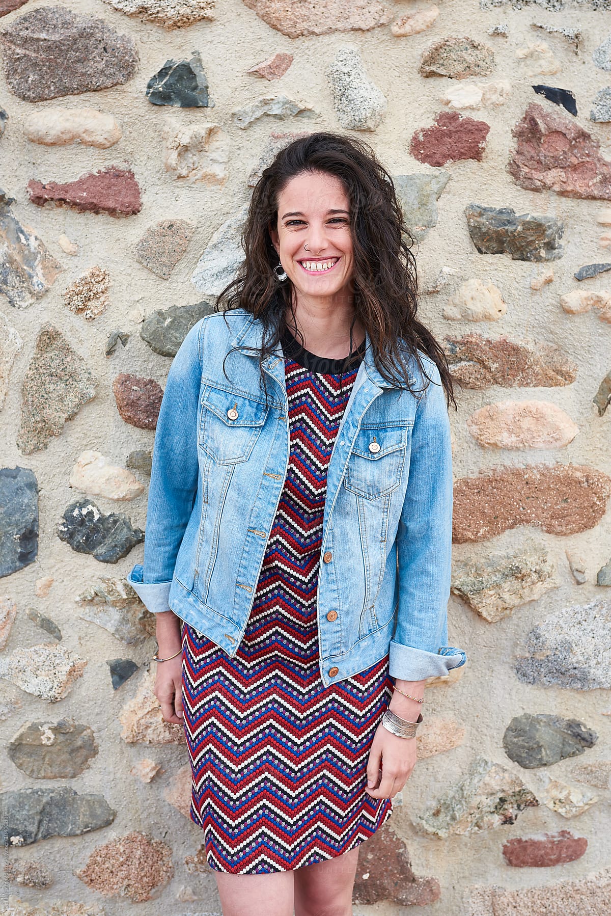 "Happy Brunette In Dress And Denim Jacket" by Stocksy Contributor ...