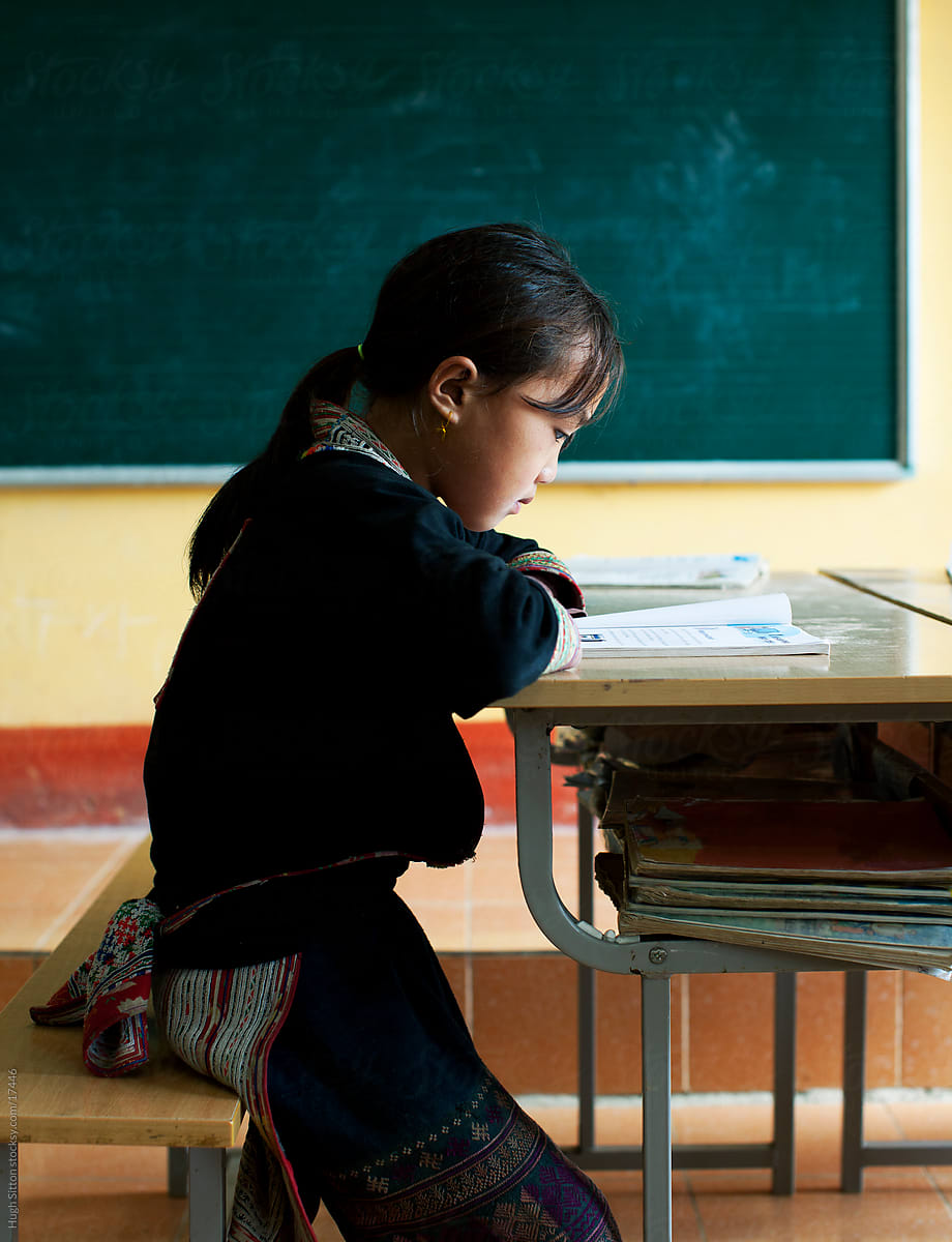 "Young Girl From Hmong Tribe, Studying Alone In Classroom. Sapa." by ...