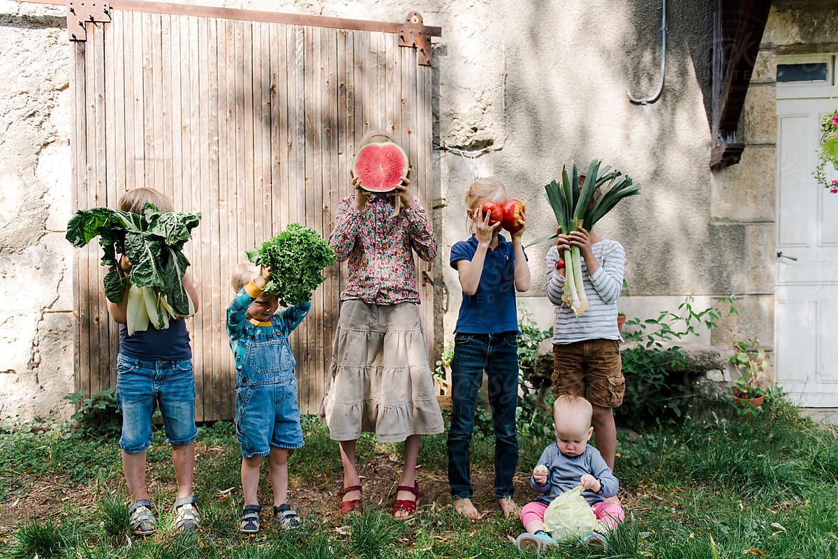 "Six Children Holding Various Fruit And Veggies From The Market" by ...