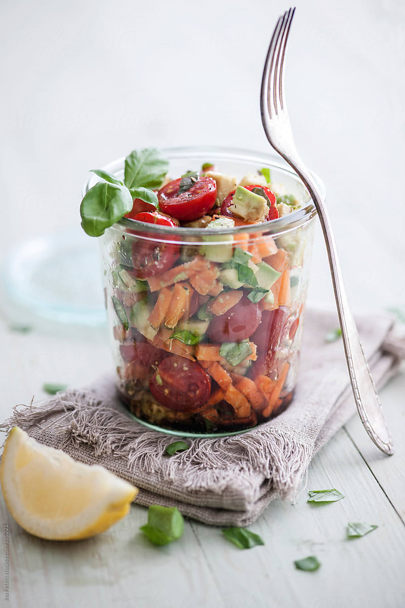"Food: Vegan Salad Made Of Cherry Tomatos, Carrots,avocado And Basil ...