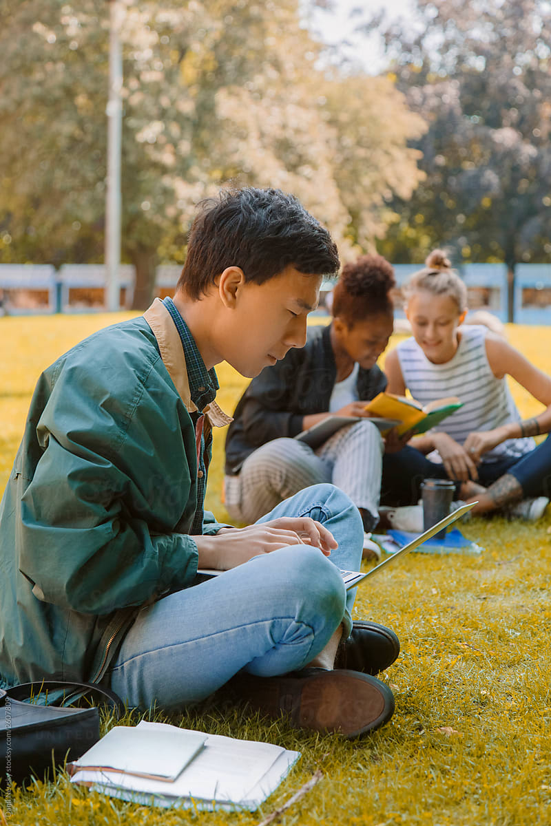 Students communicate and do homework in the park - Stock Image - Everypixel
