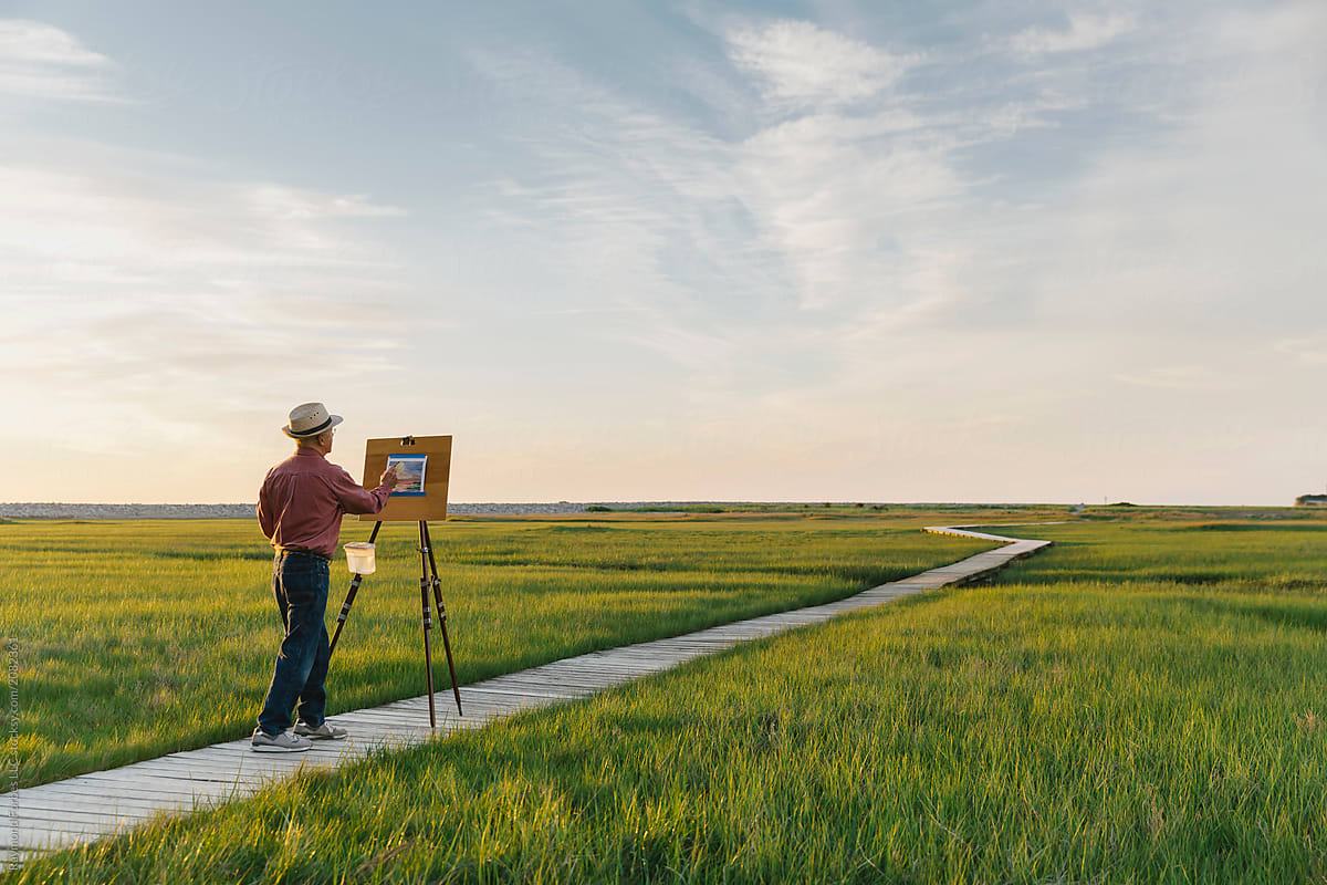 "Retired Man Artist Painting Summer Landscape In Nature Lush Marsh" by ...