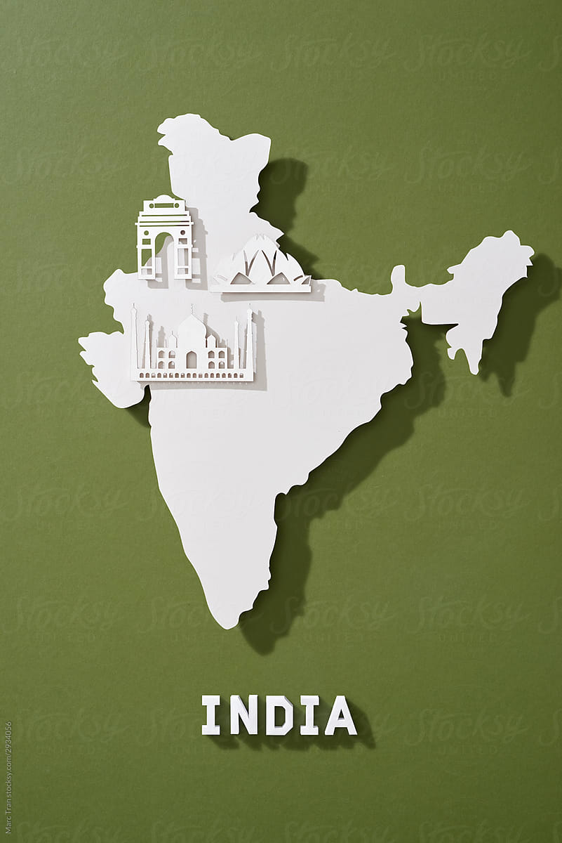 " India Map With Famous Landmarks In Paper Cut Style" by Stocksy ...