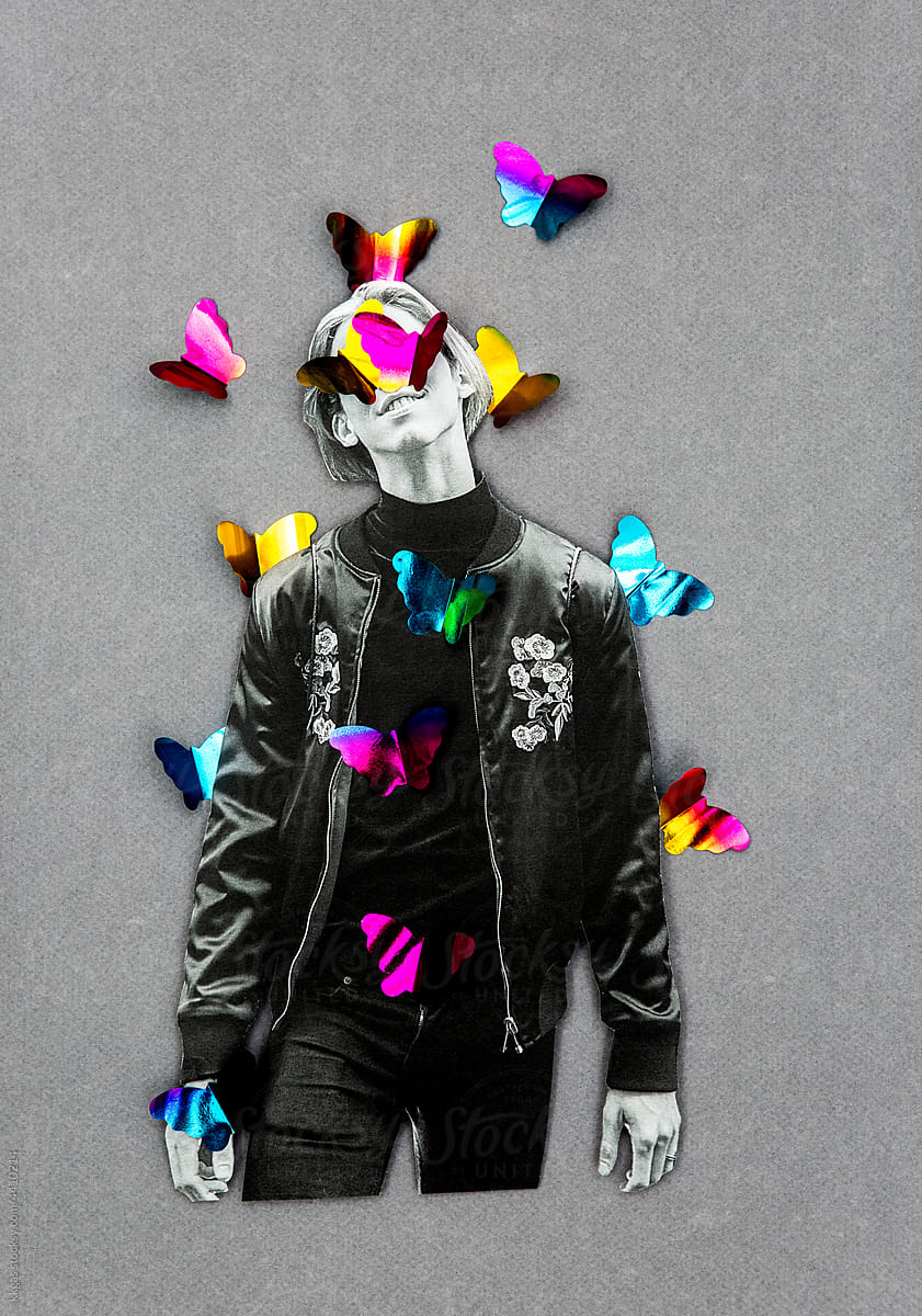 "Man With Butterflies Collage" by Stocksy Contributor "Kkgas" - Stocksy