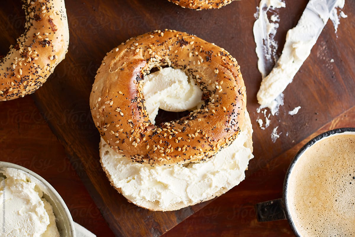 "Fresh Bagels With Cream Cheese" by Stocksy Contributor "Jeff Wasserman ...