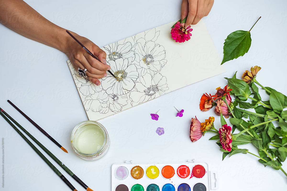 "Overhead View Of An Artist Drawing Flowers At The Desk" by Stocksy ...