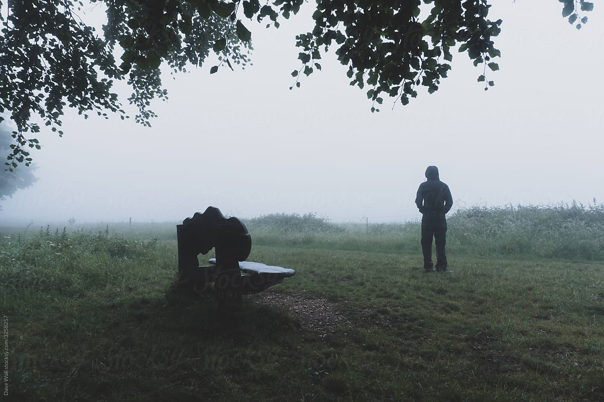 "A Man Standing Next To A Bench Underneath A Tree On A Foggy Day" by ...