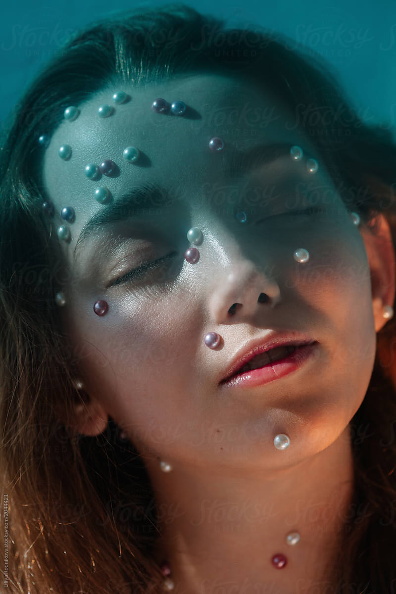 "Beauty Portrait Of Young Attractive Woman With Pearls On Her Face" by ...