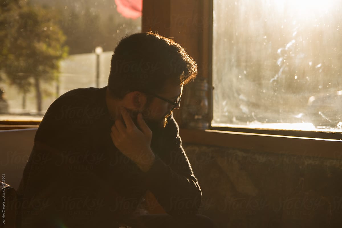 "Portrait Of A Sad Pensive Reflective Bearded Man Indoors With ...