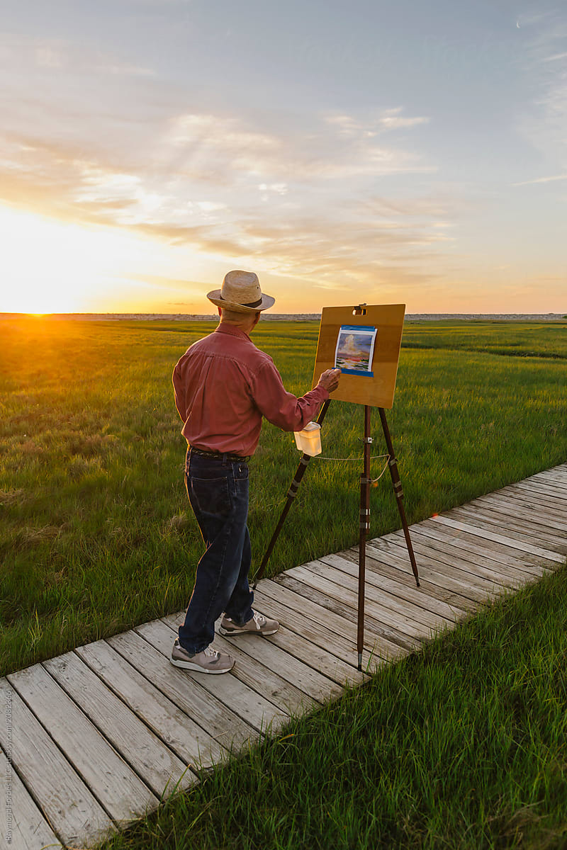 "Senior Citizen Man Artist Painting Summer Landscape In Nature Marsh ...