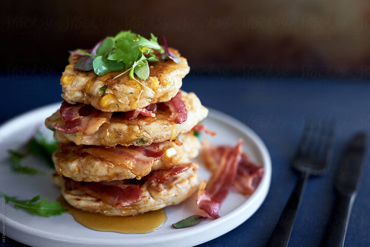 "Corn Cakes Fritters With Crispy Bacon Strips" by Stocksy Contributor ...