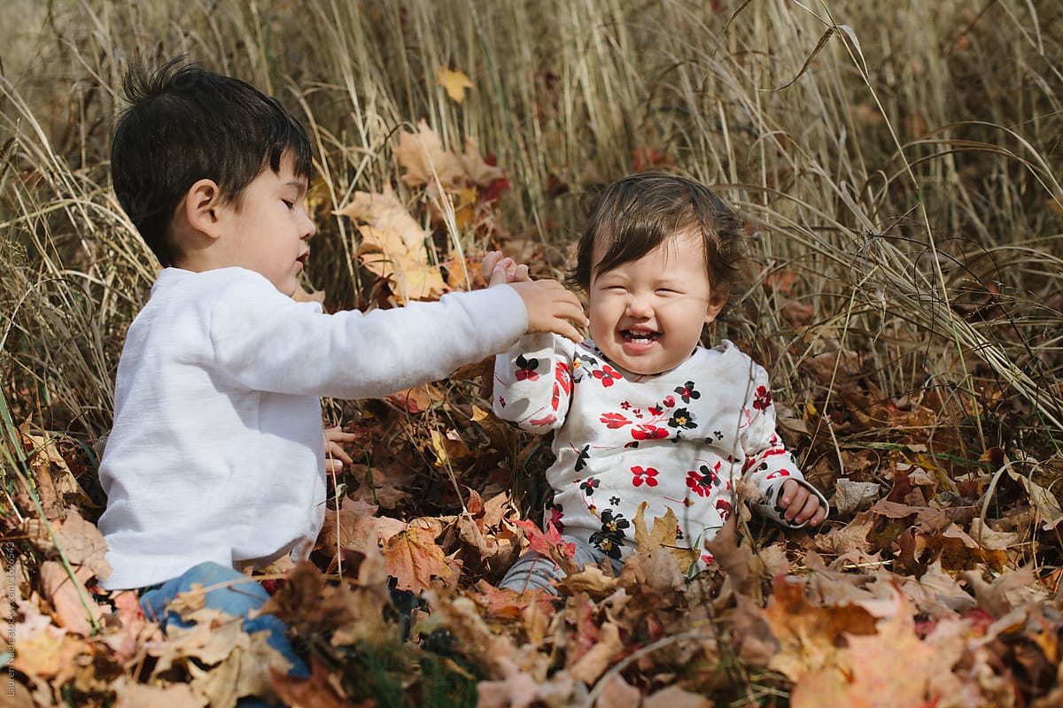 "Kids Playing In Fall Leaves" by Stocksy Contributor "Lauren Lee" - Stocksy